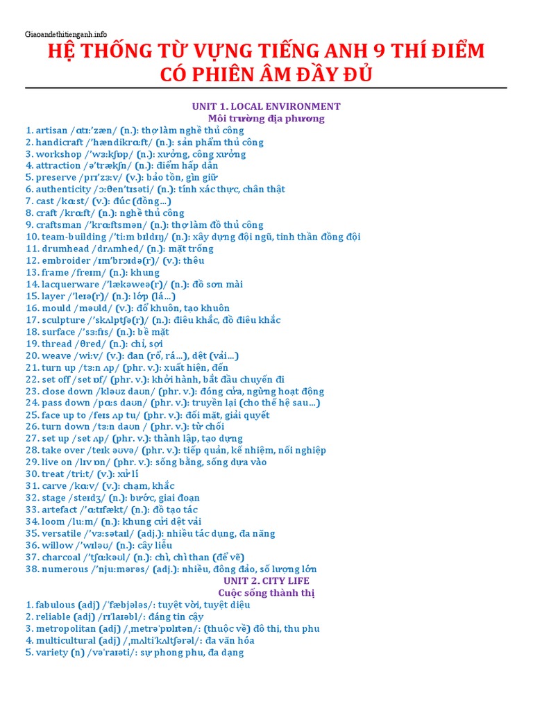 Tieng Anh 9 Sach TD He Thong Tu Vung Cac Units Giaoandethitienganh - Info | PDF