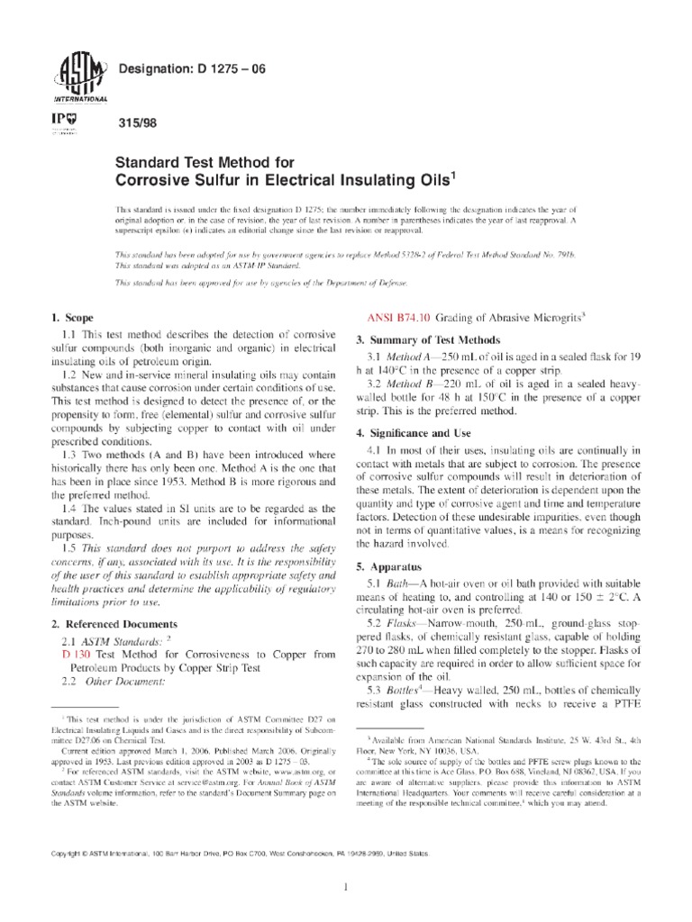 D1275-06 Standard Test Method For Corrosive Sulfur in Electical ...