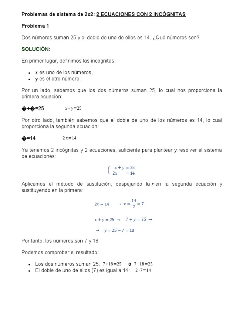 Problemas de Sistema de 2x2 | PDF | Ecuaciones | Sistema de ecuaciones ...