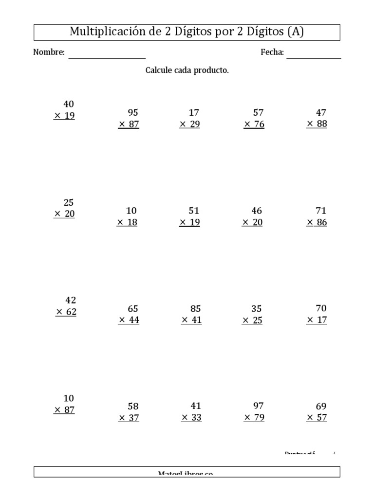 Hojas de Ejercicios de Multiplicación Larga - Multiplicar Números de 2 ...