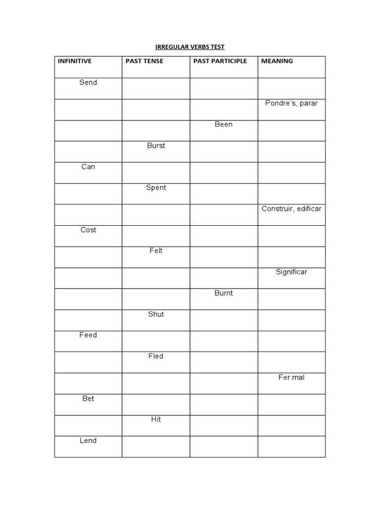 Irregular Verbs Test 1 | PDF