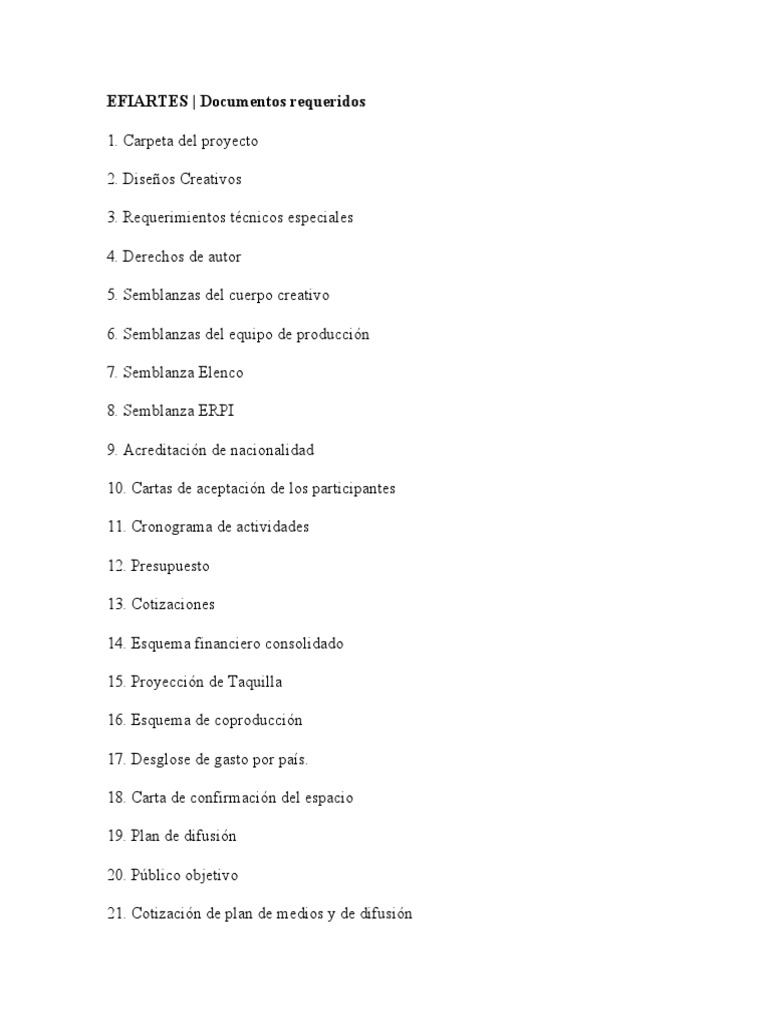 EFIARTES - Documentos Requeridos | PDF