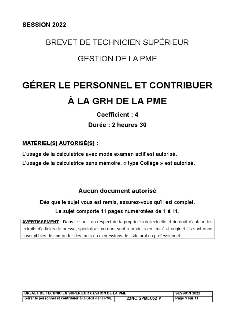 Bts Gpme E52 Sujet NC 2022 | PDF | Salaires | Travail