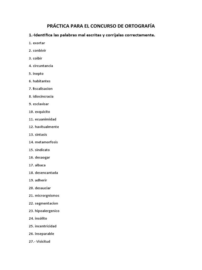 Hojas De Trabajo Para El Concurso De Ortografía