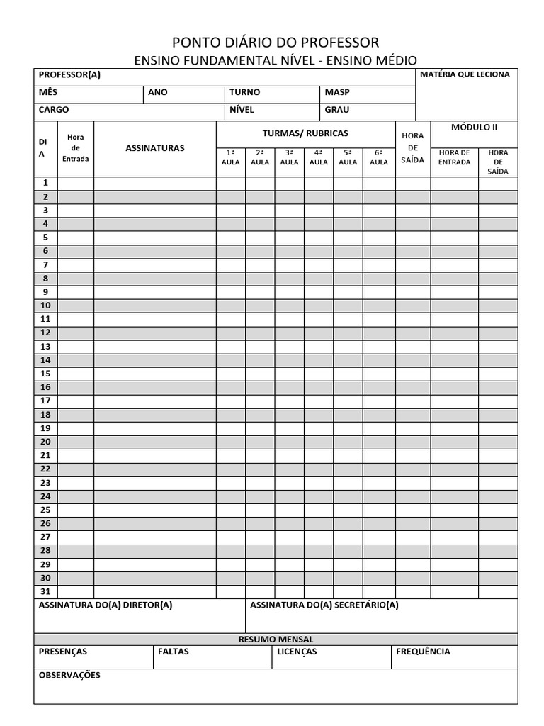 Ponto Diário Do Professor E Funcionários Pdf