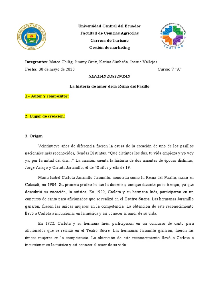 Pasillo Sendas Distintas - Grupo N°4 | PDF | Ecuador | Canciones