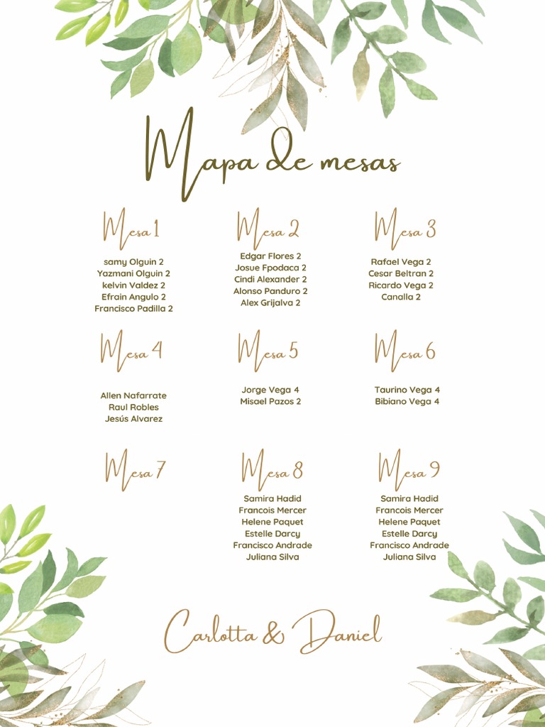 Documento A4 Mapa de Mesas Invitados Boda Botánico Verde | PDF