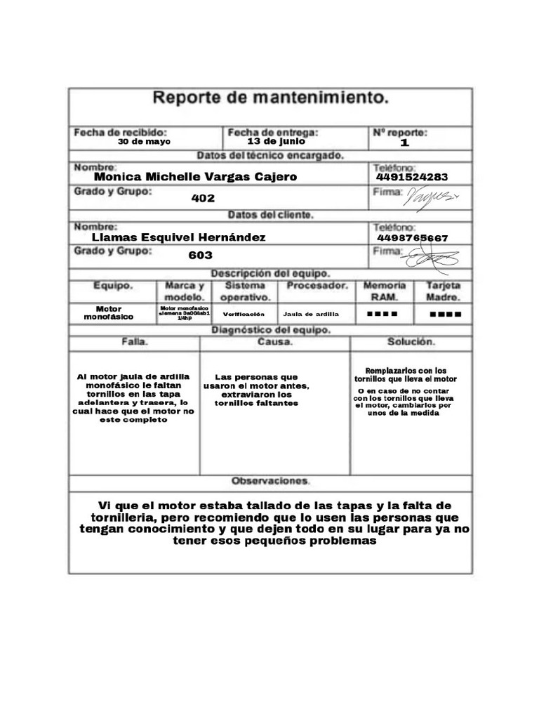 Reporte de Mantenimiento 1 | PDF
