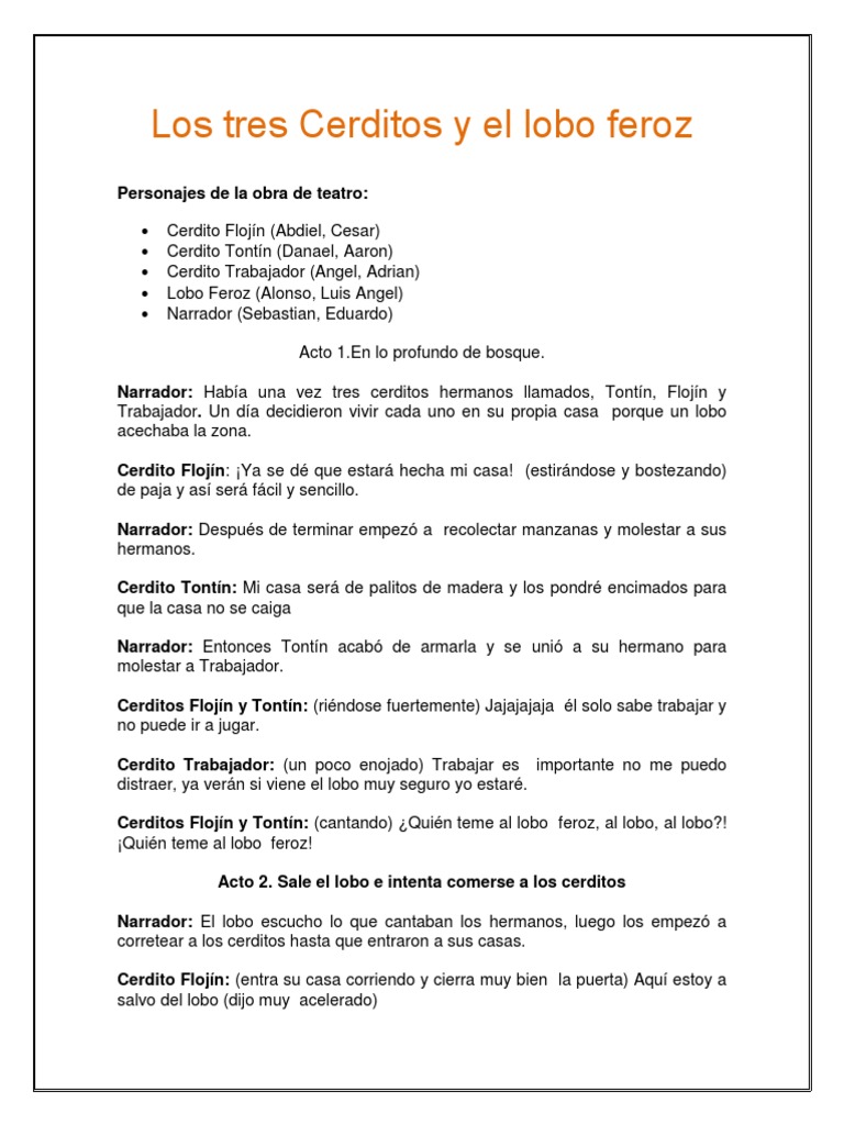 Obra de Teatro - Los Tres Cerditos y El Lobo Feroz | PDF