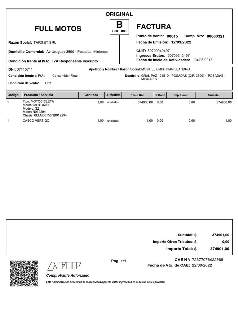 Full Motos Factura: Original | PDF | Motociclismo
