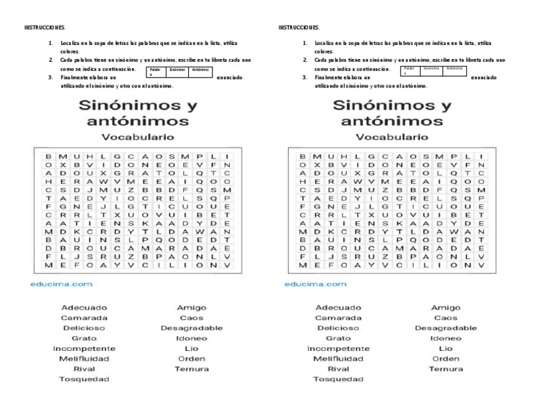 Sopa de Letras Sinonimos y Antónimos | PDF