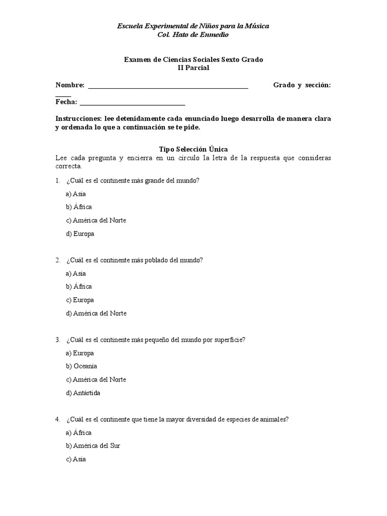 Examen de Ciencias Sociales Sexto Grado | PDF