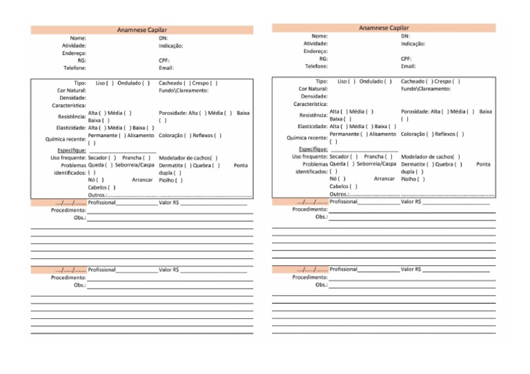 Ficha de Anamnese Capilar 2 Modelo PDF para Imprimir. | PDF