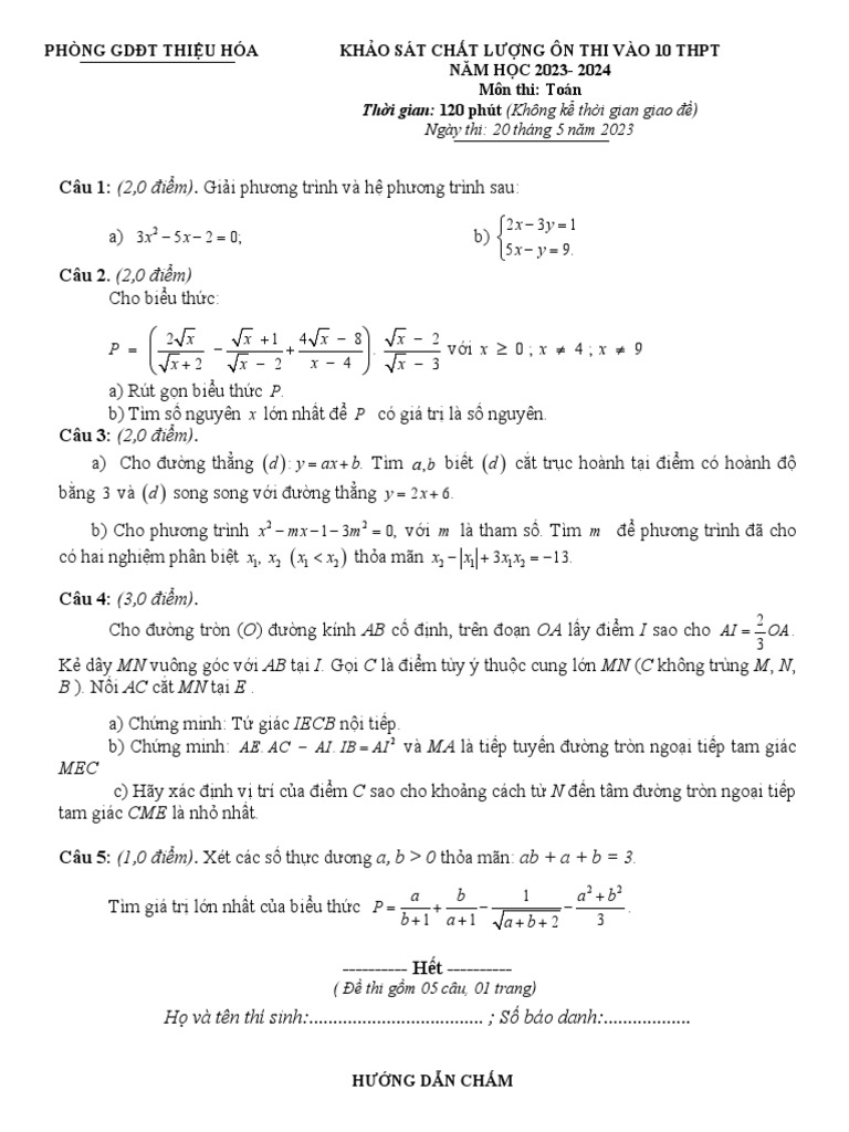 De KSCL Toan On Thi Vao 10 Nam 2023 2024 Phong GDDT Thieu Hoa Thanh Hoa | PDF