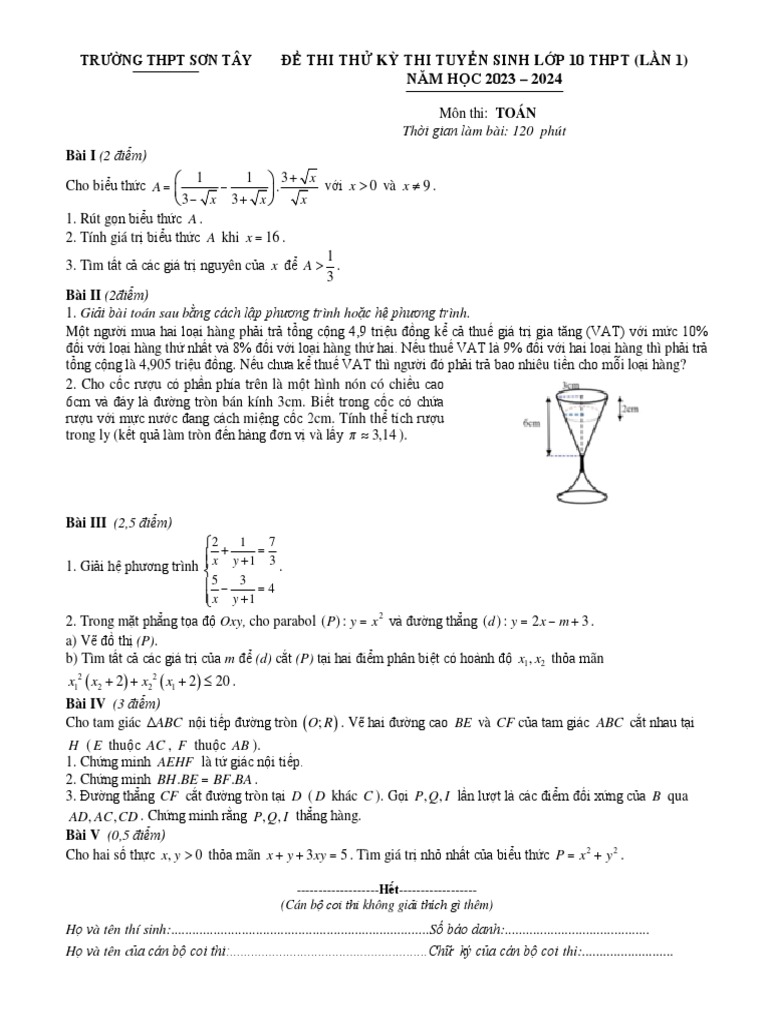 De Thi Thu Toan Vao Lop 10 Lan 1 Nam 2023 2024 Truong THPT Son Tay Ha Noi 1 | PDF