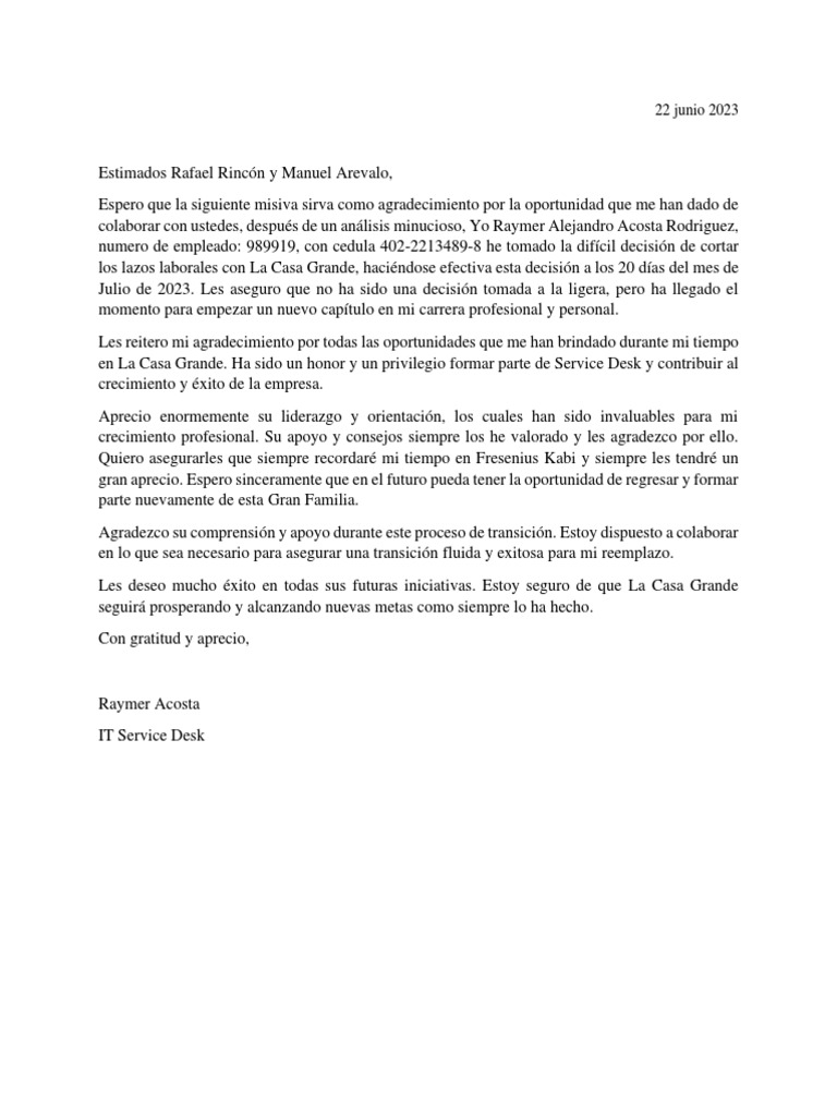 Resignation Letter Raymer Acosta | PDF