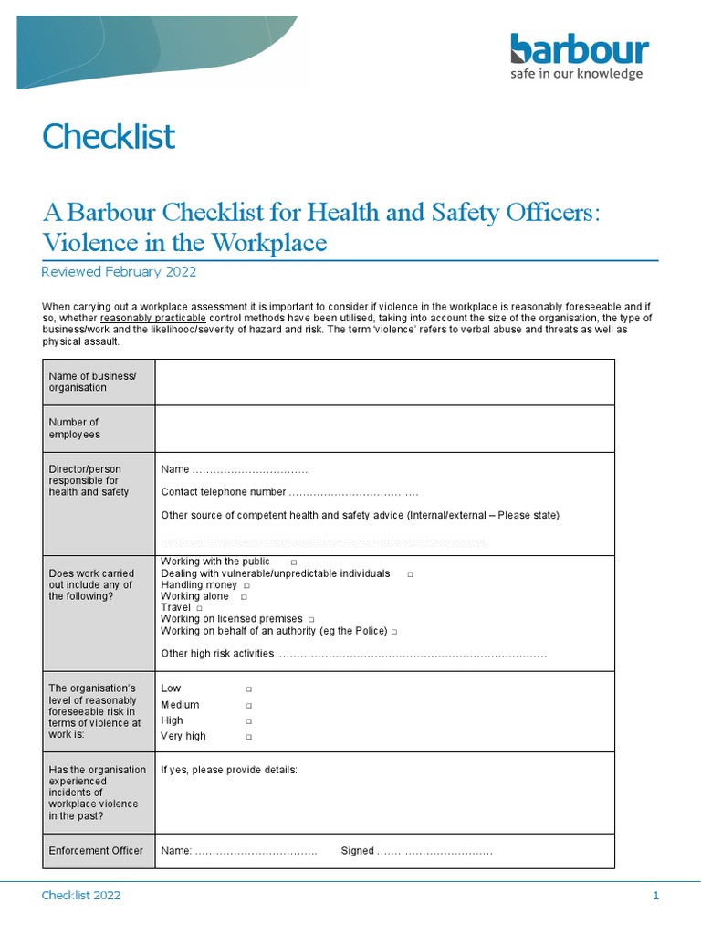 Checklist: A Barbour Checklist For Health and Safety Officers: Violence ...