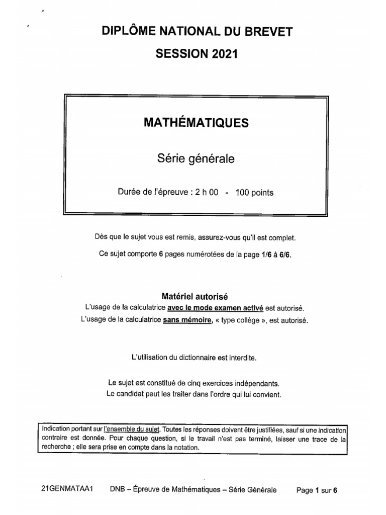 Sujet Brevet Maths 2021 DNB Asie | PDF