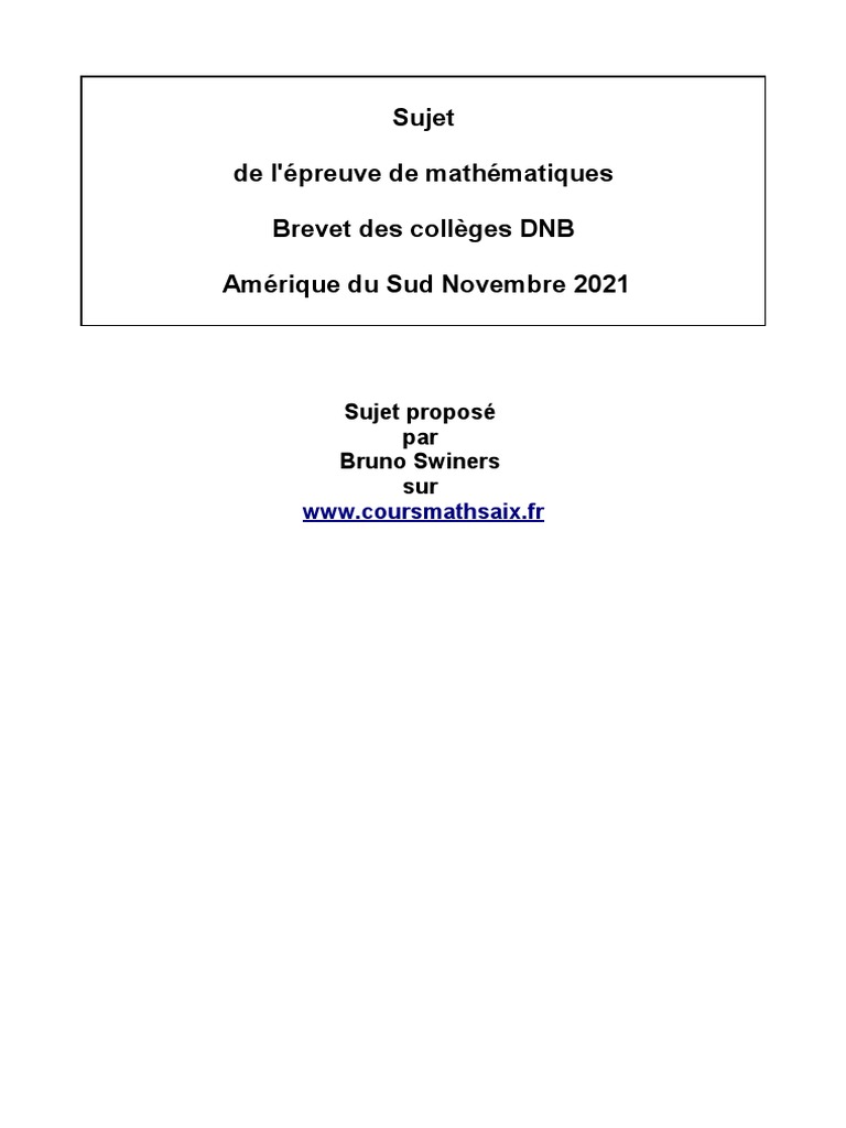 Sujet 2021 Maths Brevet DNB Amerique Sud | PDF
