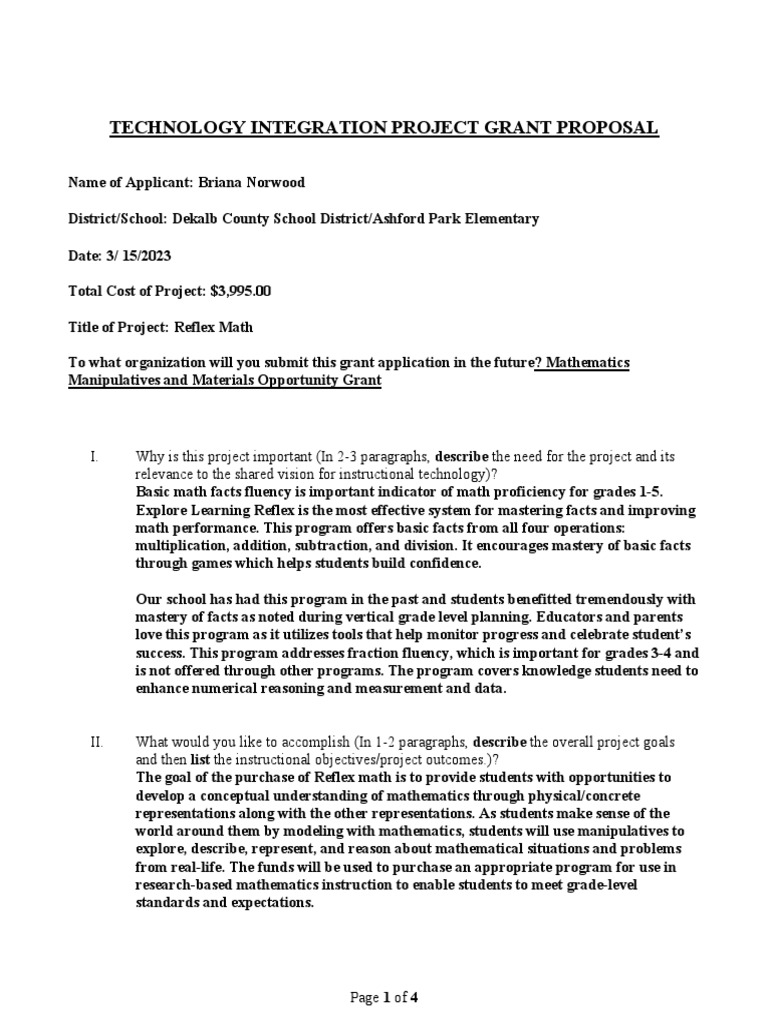 Reflex Math Grant Proposal | PDF | Mathematics | Teachers