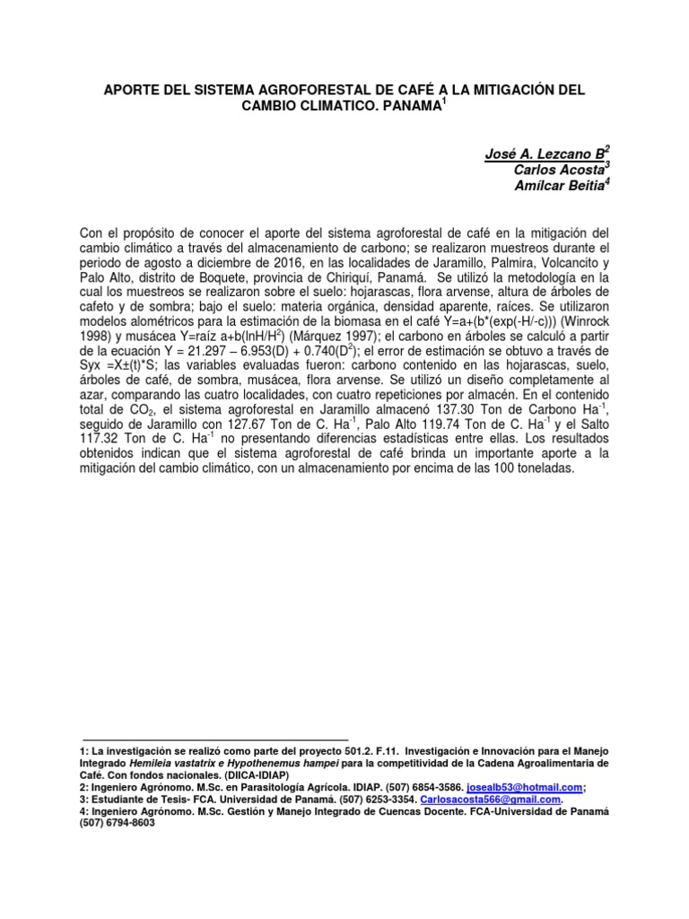 Aporte Del Sistema Agroforestal De Caf A La Mitigaci n Del Cambio