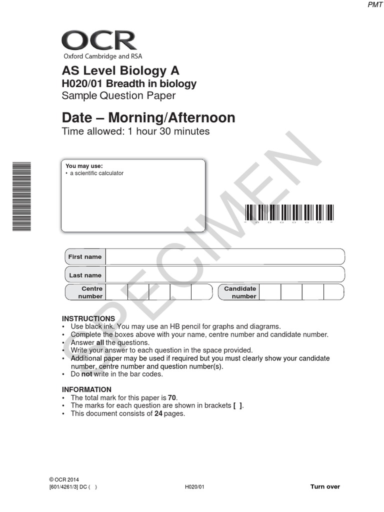 Specimen QP - Paper 1 OCR (A) Biology As-Level | PDF | Staining | Meiosis