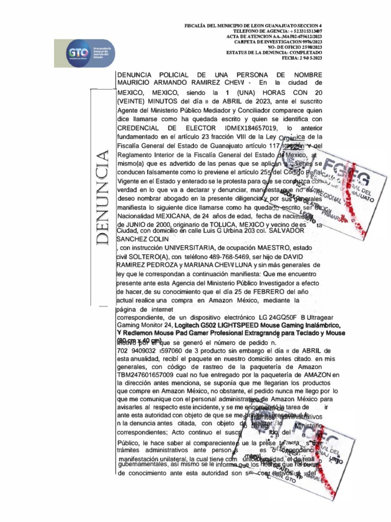 Reporte Policial Mauricio Armando Ramirez Chew | PDF | Queja | Justicia