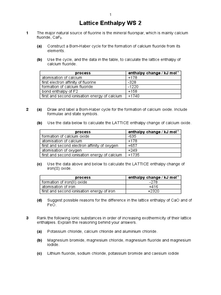 Lattice Enthalpy Worksheet 2 | PDF | Potassium Chloride | Calcium