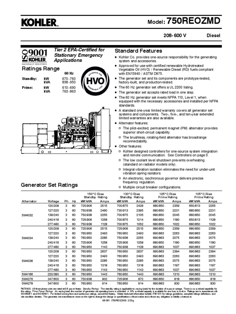 Kholer Generator 750REOZMD Spec Sheet | PDF | Electric Motor | Engines