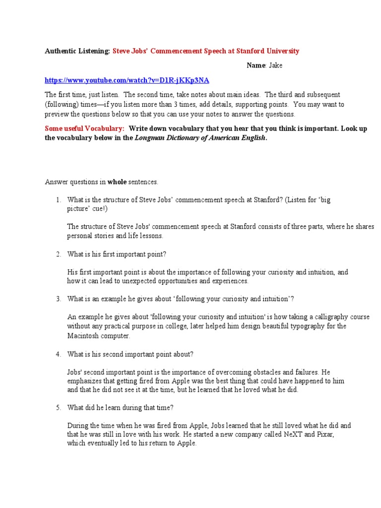 Authentic Listening Steve Jobs' Commencement Speech at Stanford Jake ...