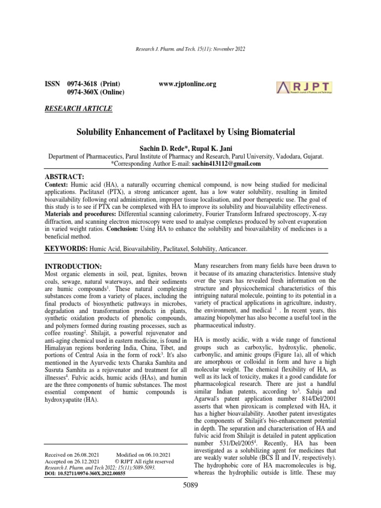 Solubility Enhancement of Paclitaxel by Using Biomaterial Sachin D ...