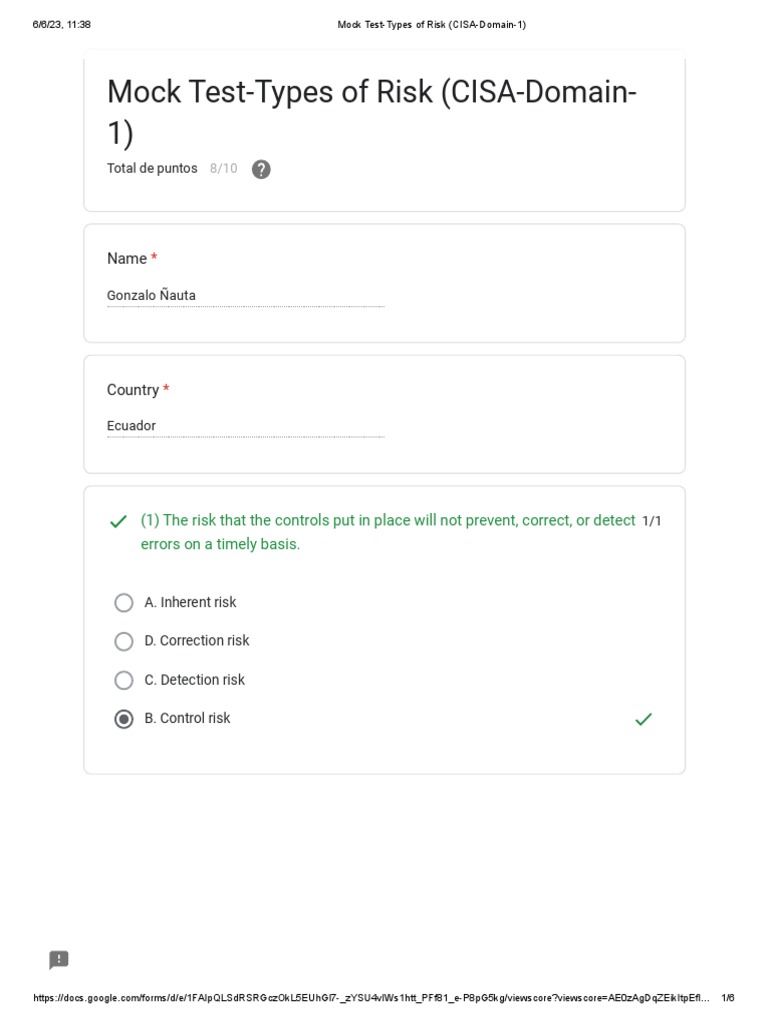 Mock Test-Types of Risk (CISA-Domain-1) | PDF | Risk | Risk Assessment