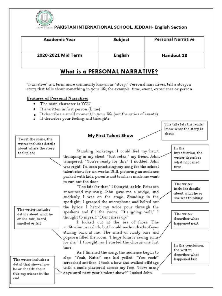 Handout 18 Personal Narrative | PDF | Narrative