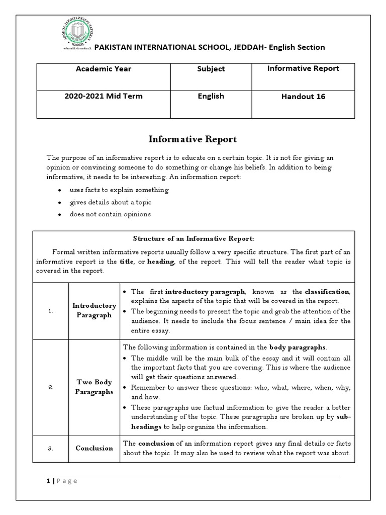 Unit 5 Handout 16 Informative Report | PDF | Essays
