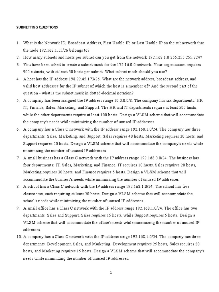 Subnetting Questions Pdf Data Transmission Computer Architecture