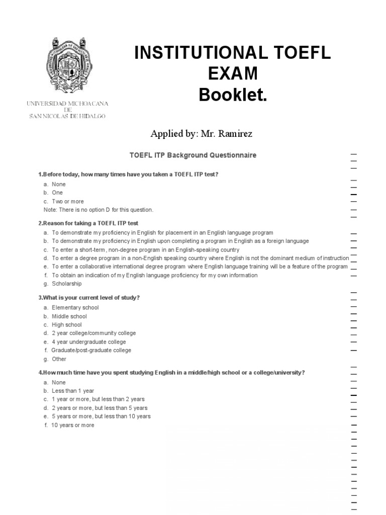 Institutional TOEFL Exam Overview | PDF