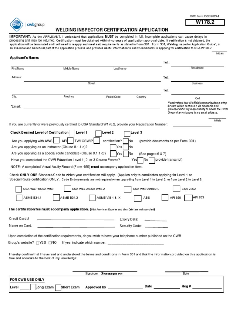 CWB Welding Inspector Certification Form | PDF | Nondestructive Testing