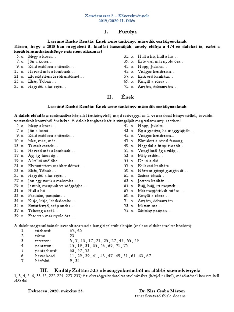 Zeneismeret 2 Követelmények - Esti Tagozat | PDF