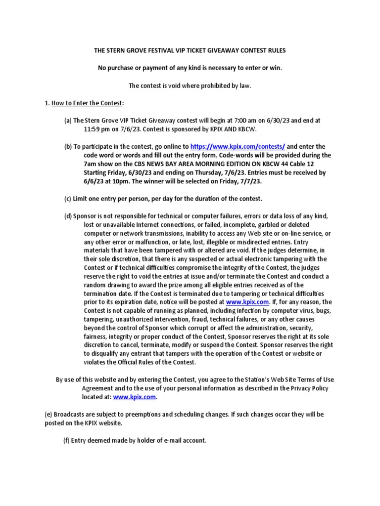 Stern Grove VIP Ticket Contest Rules | PDF