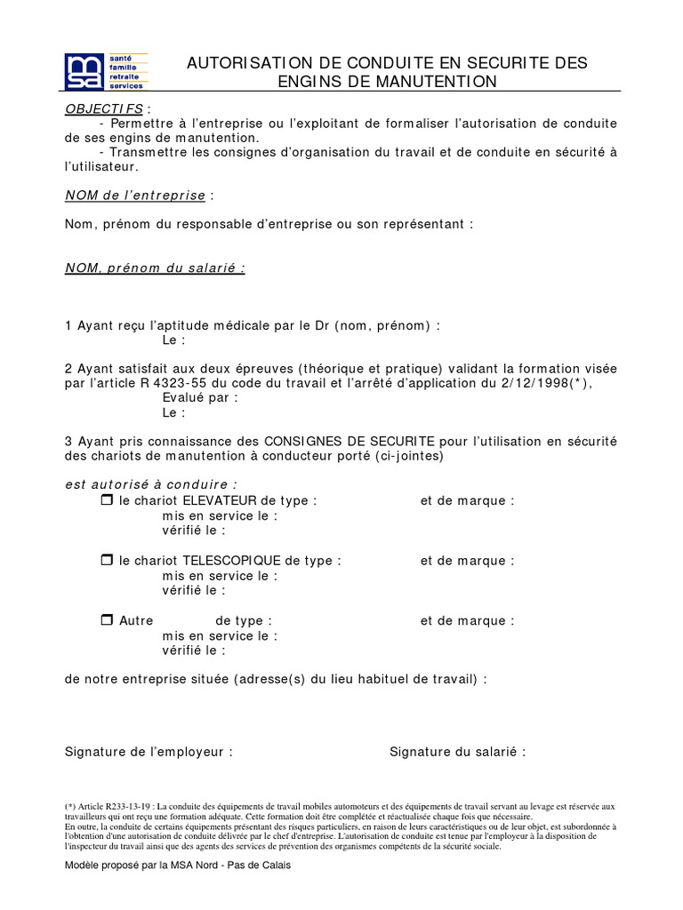Imprimé Autorisation de Conduite | Descargar gratis PDF | Chariot élévateur | Véhicules
