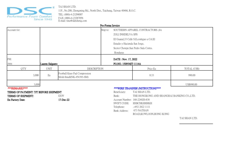 Proforma Invoice PO#150954ST-1114A | PDF | Service Industries | Payments