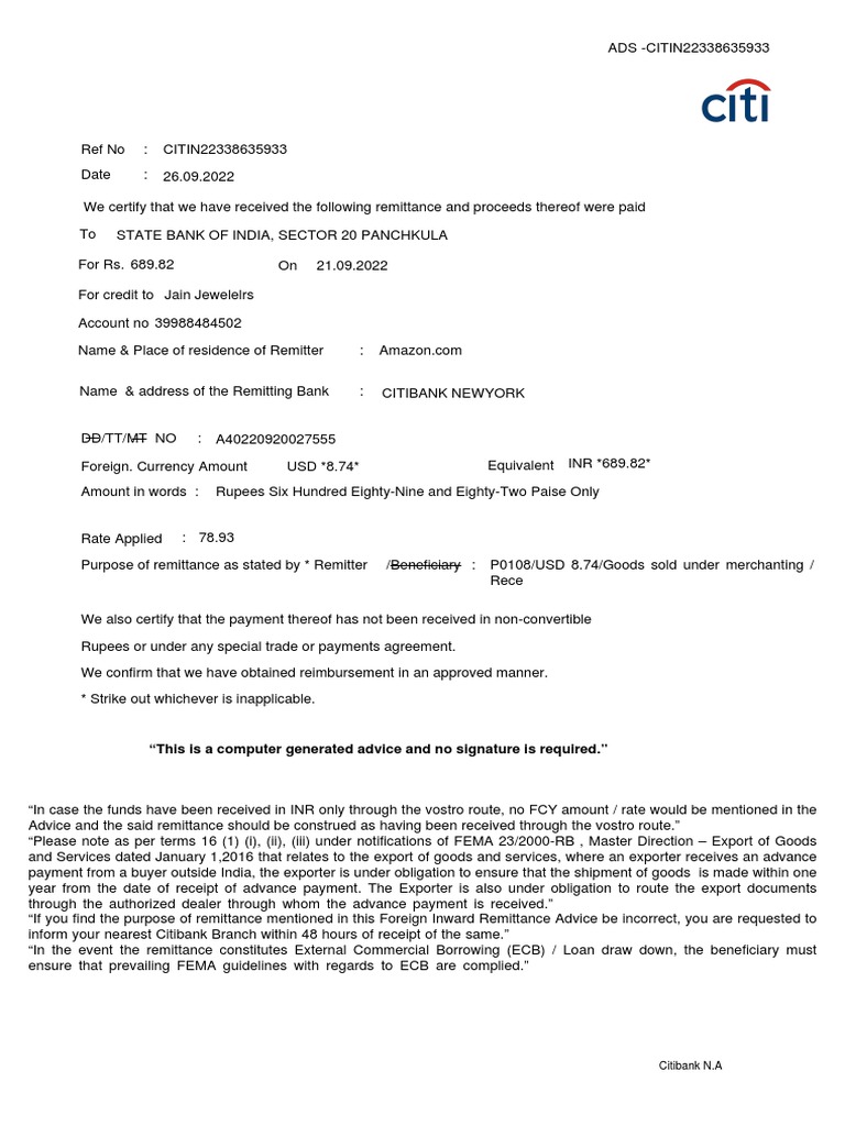 This Is A Computer Generated Advice and No Signature Is Required. | PDF ...