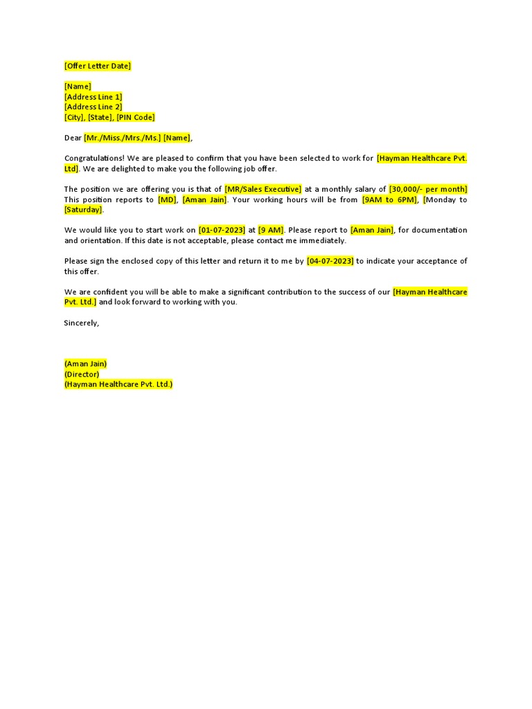Offer Letter Format | Download Free PDF | Employment | Salary