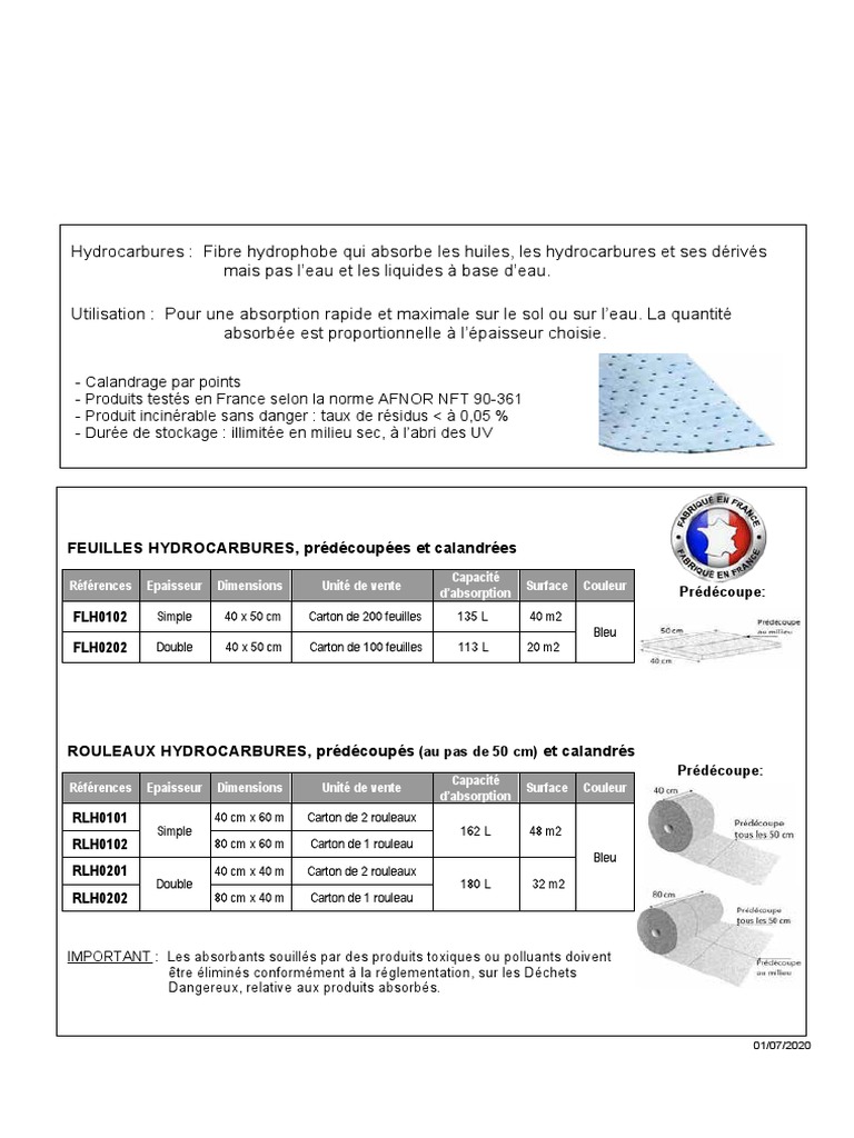 Feuilles et rouleaux absorbants hydrocarbures | PDF | Matériaux | Chimie