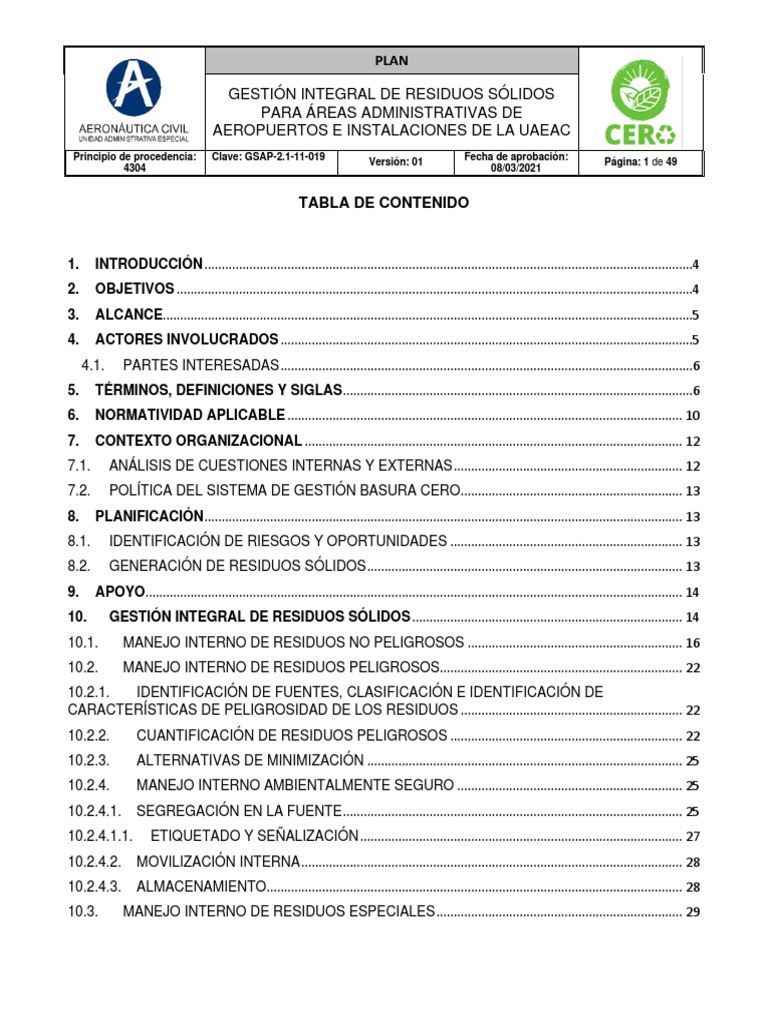 Plan - Gestion - Integral - Residuos - Solidos - Aerocivil 2021 Final | PDF | Residuos | Gestión ...