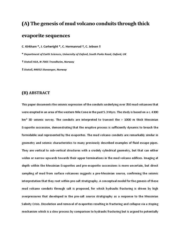 Cartwright Et Al, The Genesis of Mud Volcano Conduits Through Thick ...