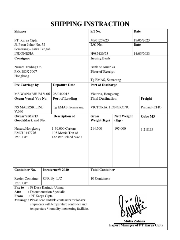 SHIPPING INSTRUCTION | PDF