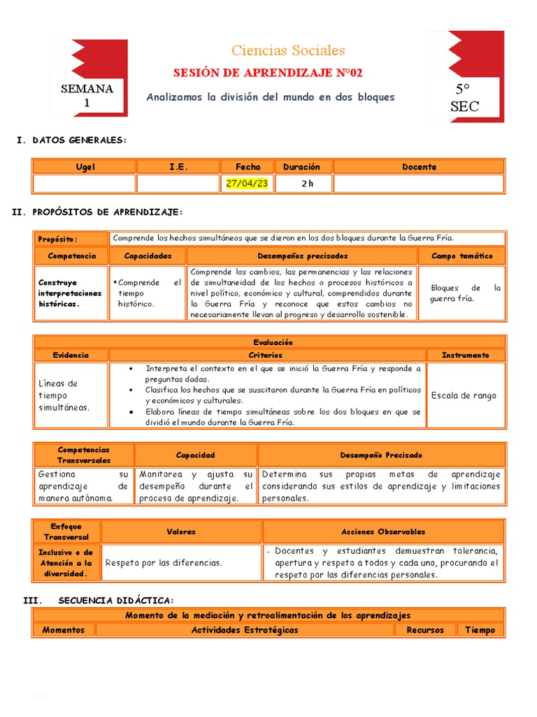 III 5° SESIÓN DE APRENDIZAJE SESIÓN 2-SEM.1-EXP.4 | PDF | Aprendizaje | Guerra Fría