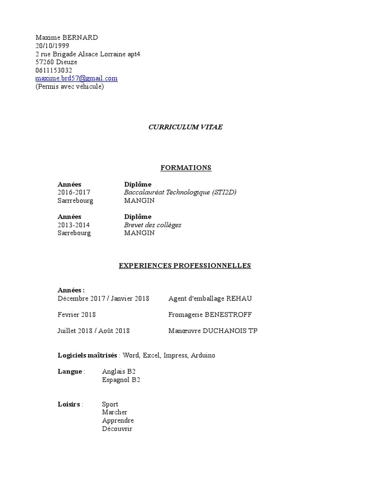 CV Bernard Maxime | PDF