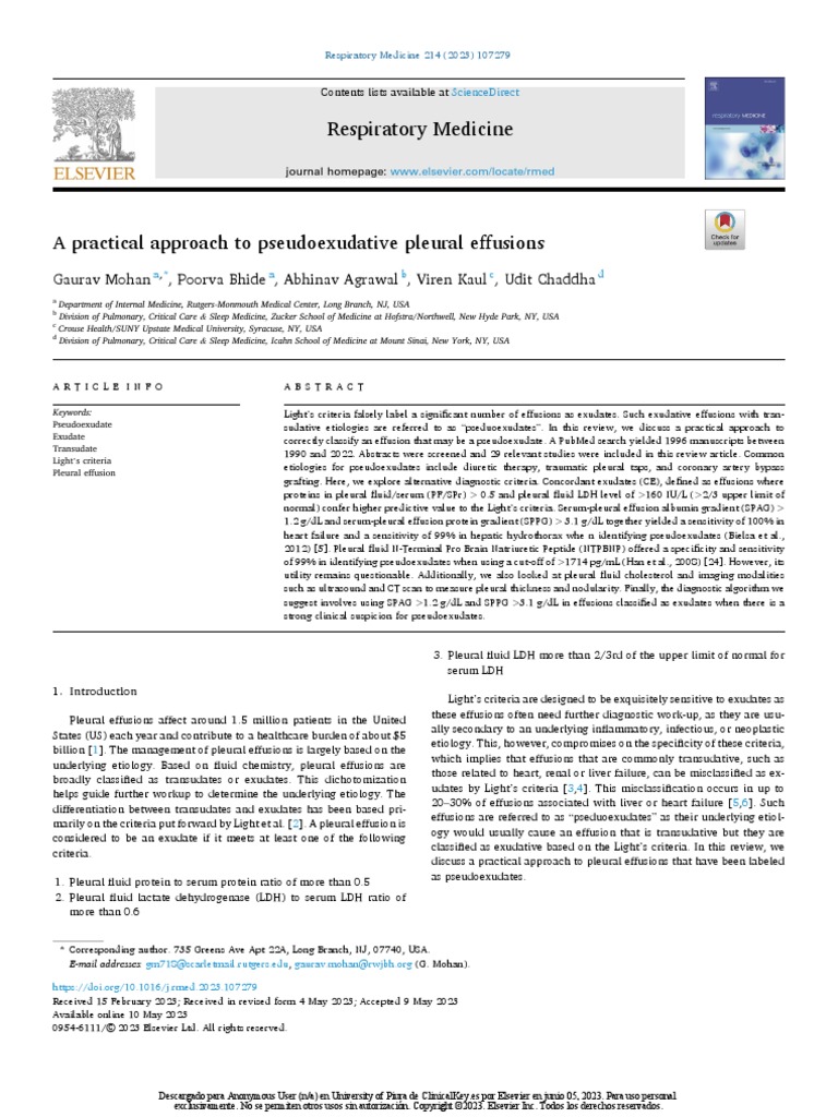 A Practical Approach To Pseudoexudateve Pleural Effusions | PDF ...